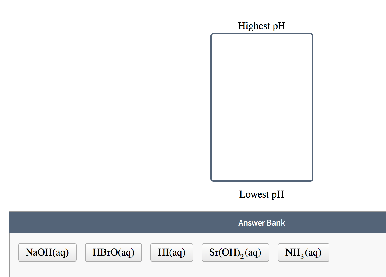 Solved Highest pH Lowest pH Answer Bank NaOH(aq) HBrO(aq) | Chegg.com