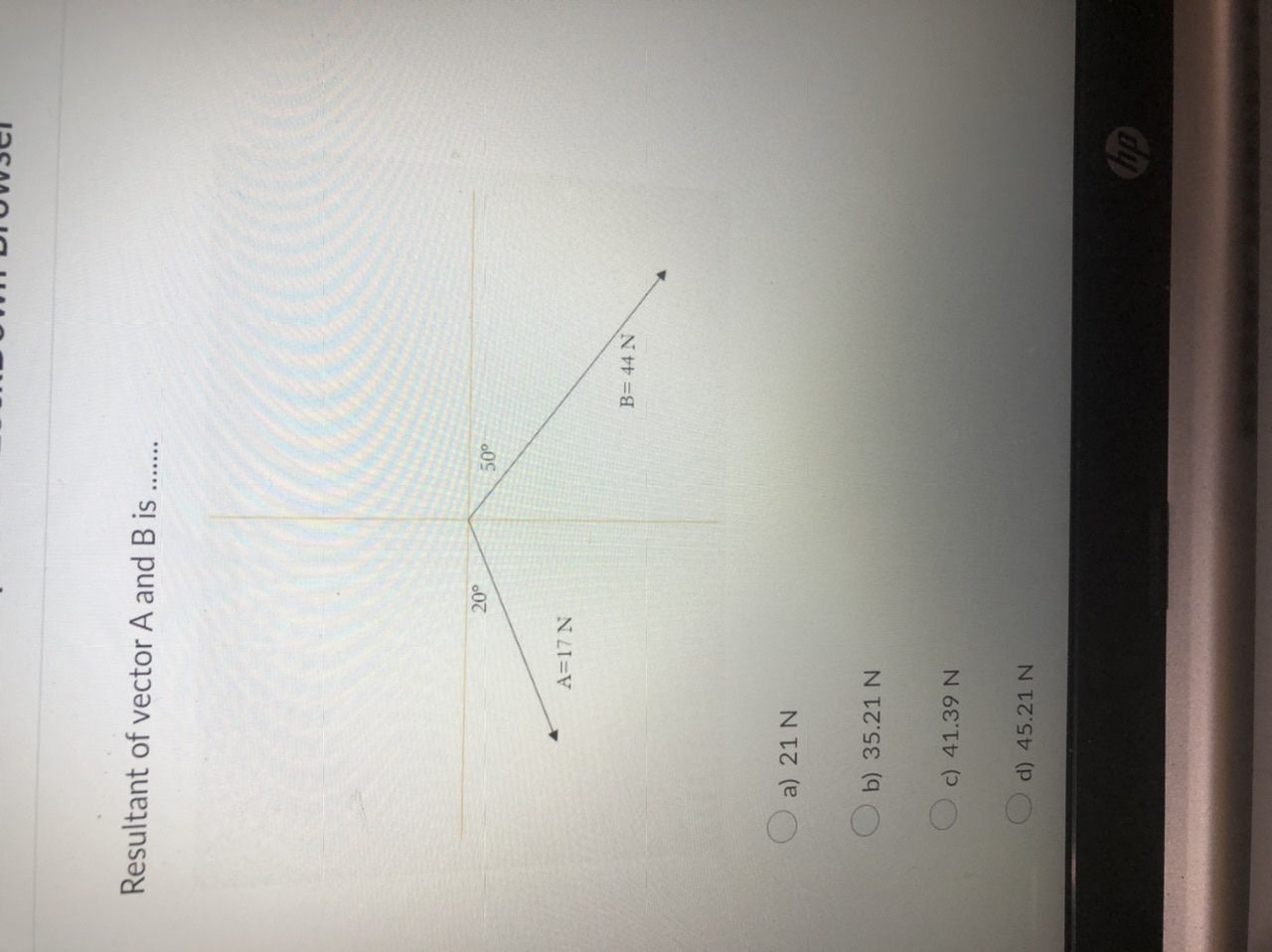 Solved Resultant of vector A and B is a) 21 N b) 35.21 N c) | Chegg.com