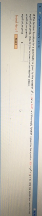 Solved If the equilbrium price. (Round your answers to two | Chegg.com