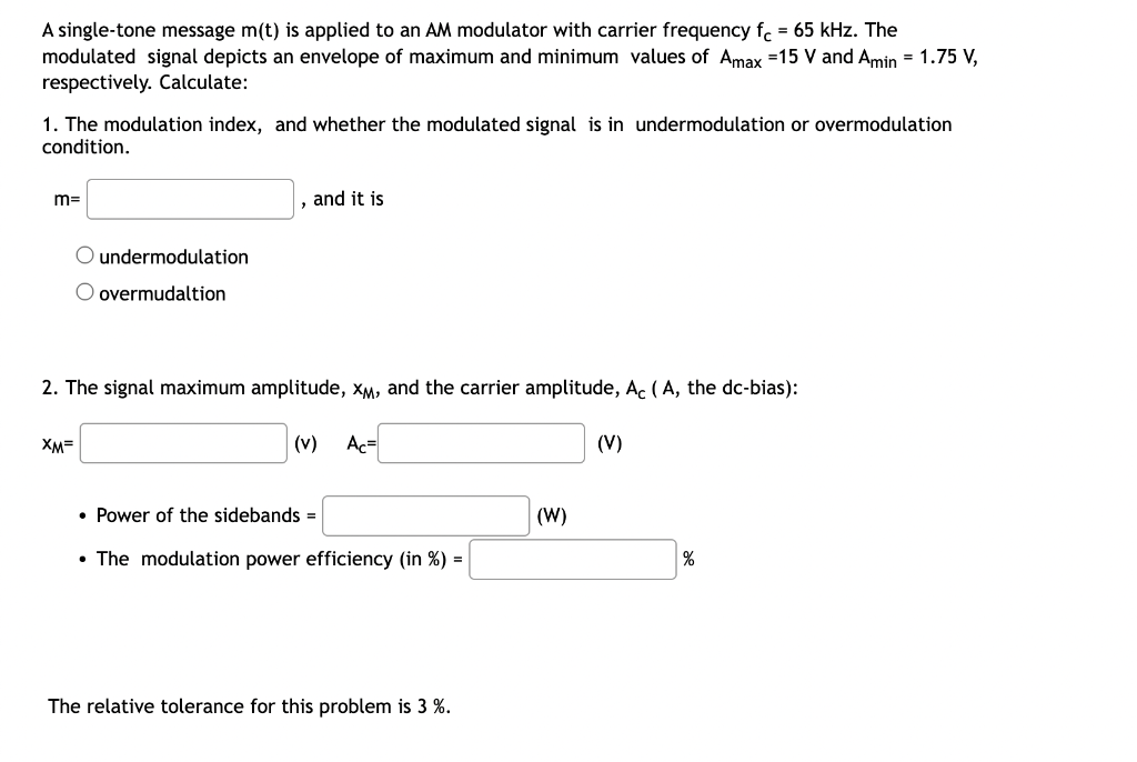 Solved A single-tone message m(t) is applied to an AM | Chegg.com