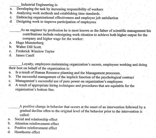Solved Industrial Engineering is: a. Developing the task by | Chegg.com