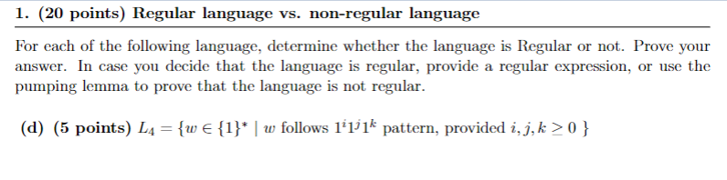 Solved 1. (20 points) Regular language vs. non-regular | Chegg.com