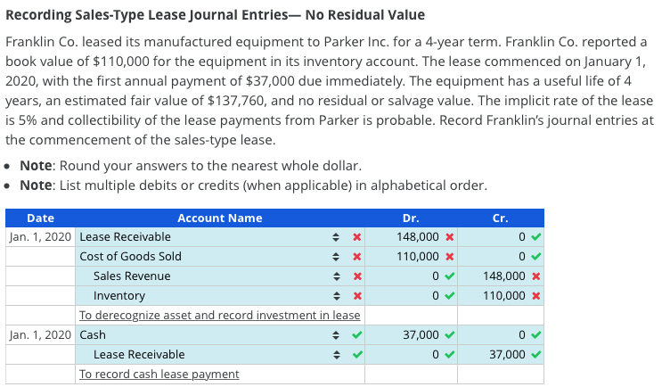 Solved Recording Sales-Type Lease Journal Entries- No | Chegg.com