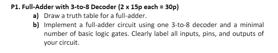 Solved P1. Full-Adder with 3-to-8 Decoder (2 x 15p each = | Chegg.com