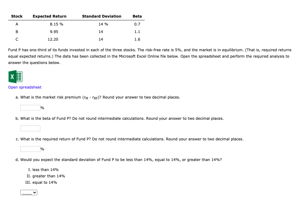 Solved Stock Expected Return Standard Deviation Beta A 8.15 | Chegg.com