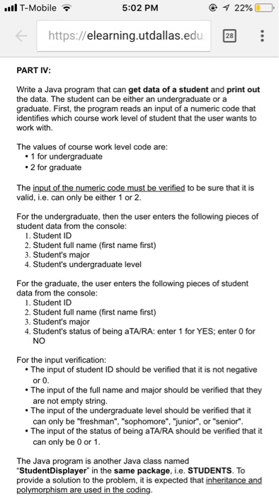 Solved .lT-Mobile 5:01 PM ? https://elearning.utdallas.edu | Chegg.com