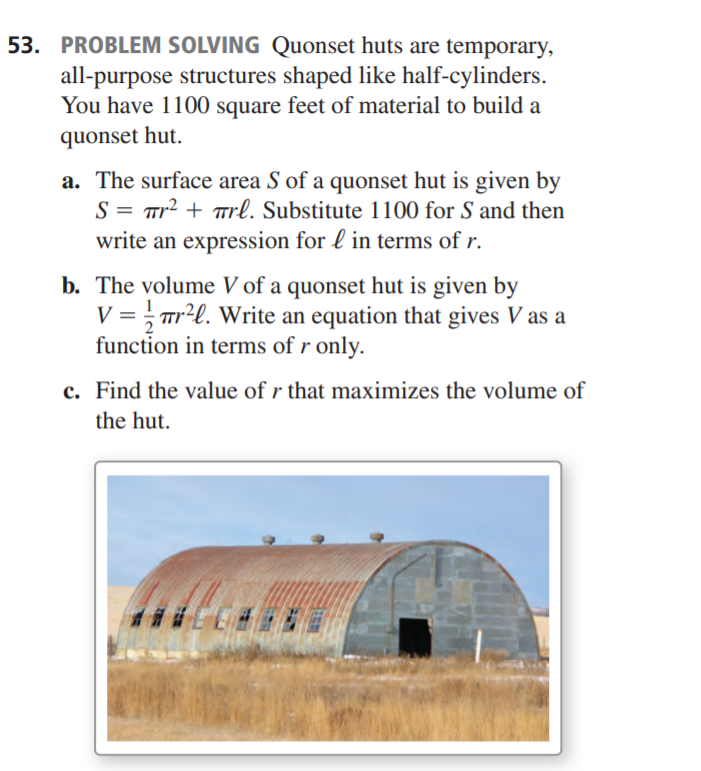 Solved 53. PROBLEM SOLVING Quonset huts are temporary, | Chegg.com