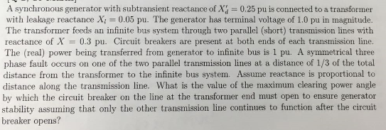 Solved A synchronous generator with subtransient reactance | Chegg.com