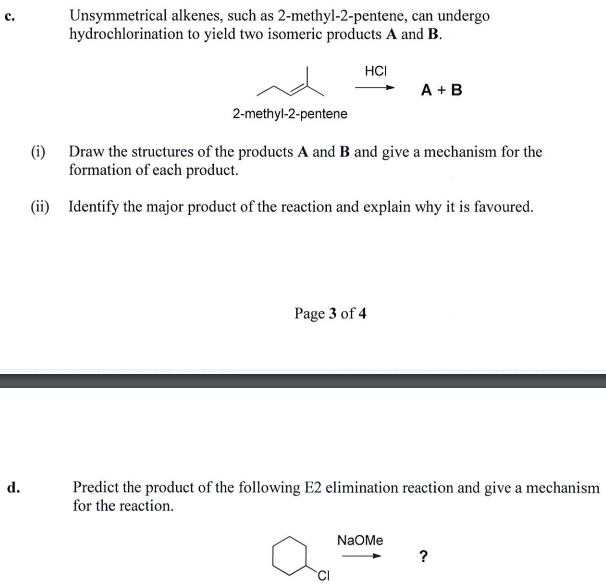 Solved c.Unsymmetrical alkenes, such as 2-methyl-2-pentene, | Chegg.com