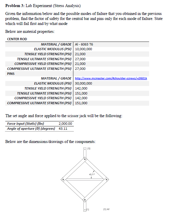 Solved Problem 3: Lab Experiment (Stress Analysis) Given the | Chegg.com