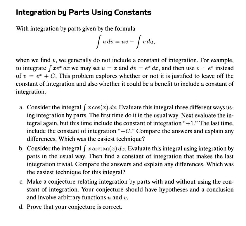 Solved Integration by Parts Using Constants With integration | Chegg.com
