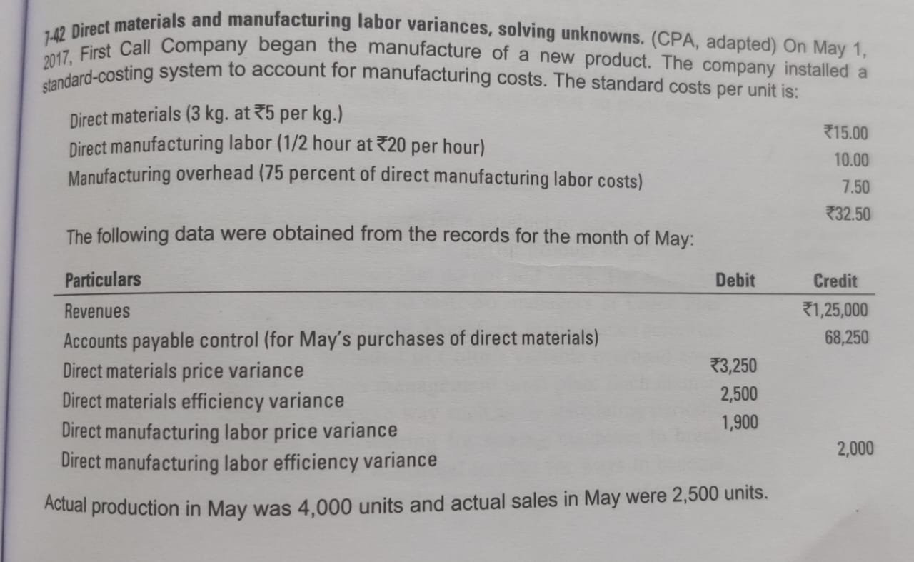 Solved 7-42 Direct materials and manufacturing labor | Chegg.com