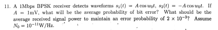 Solved 11. A 1Mbps BPSK receiver detects waveforms | Chegg.com