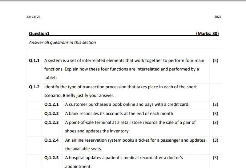 Solved 22;23;24 2023 Question1 (Marks: 30) Answer all | Chegg.com