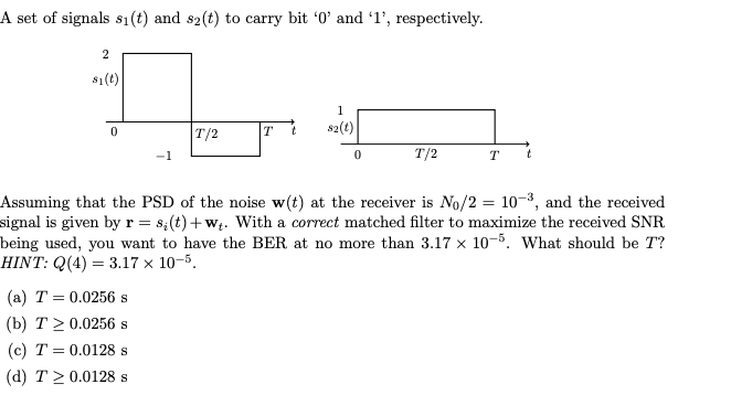 Solved A set of signals s1(t) ﻿and s2(t) ﻿to carry bit ' 0 ' | Chegg.com