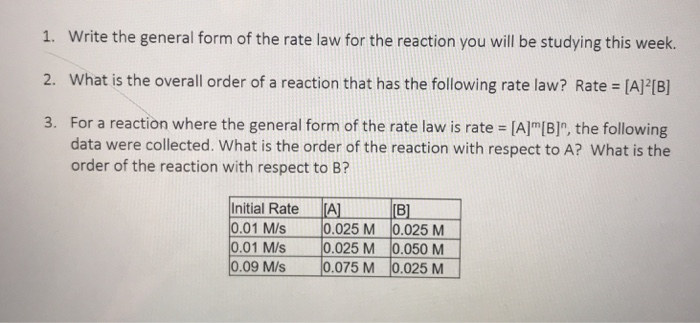 Solved 1. Write the general form of the rate law for the | Chegg.com