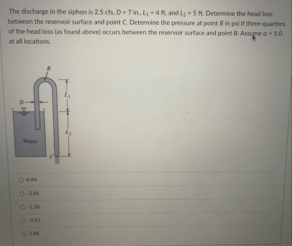 Solved The discharge in the siphon is 2.5 cfs, D = 7 in., L1 | Chegg.com