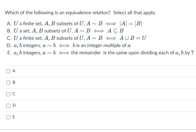 Solved Which of the following is an equivalence relation? | Chegg.com
