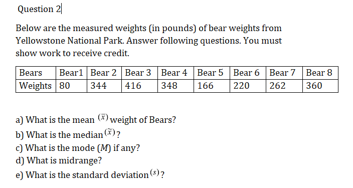 Solved Question 2 Below are the measured weights in pounds) | Chegg.com