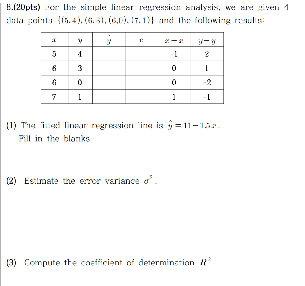 Solved 8.(20pts) For the simple linear regression analysis, | Chegg.com