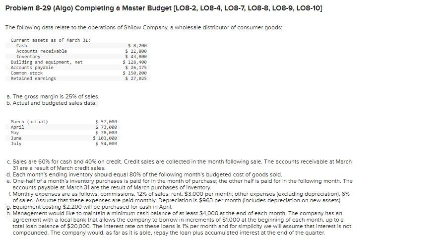 Solved Problem 8-29 (Algo) Completing a Master Budget | Chegg.com