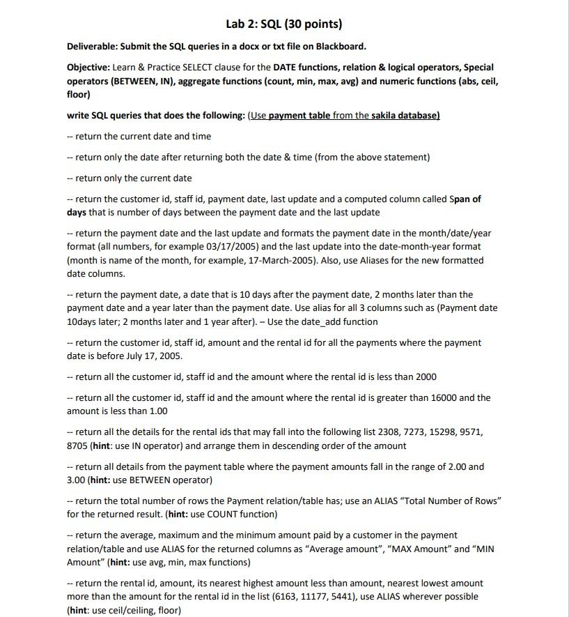 Lab 2: SQL (30 points) Deliverable: Submit the SQL | Chegg.com