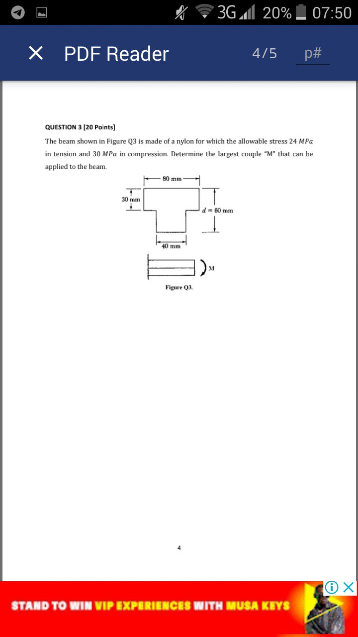 Solved QUESTION 3 [20 Points] The beam shown in Figure Q3 is | Chegg.com