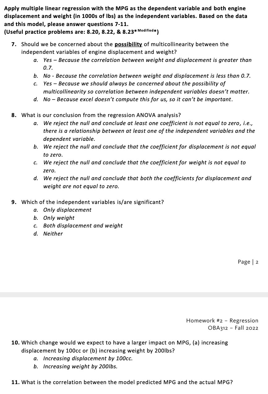 Apply multiple linear regression with the MPG as the | Chegg.com
