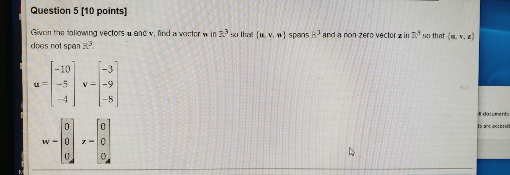 Solved Question 5 [10 points] Given the following vectors u | Chegg.com