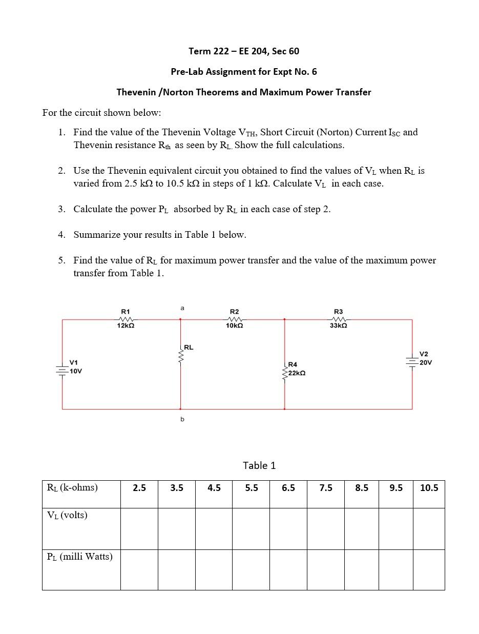 Solved Pre-Lab Assignment for Expt No. 6 Thevenin /Norton | Chegg.com
