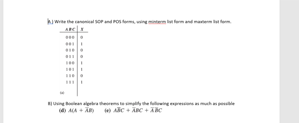 Solved A) Write the canonical SOP and POS forms, using | Chegg.com