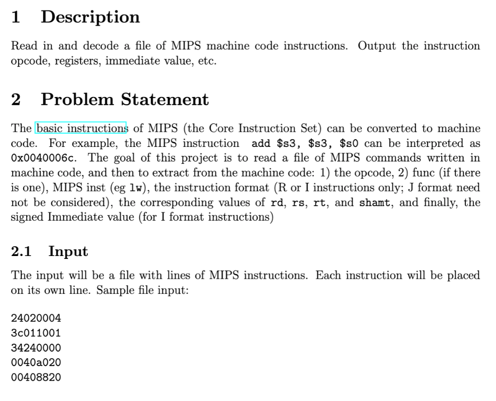 1 Description Read in and decode a file of MIPS | Chegg.com