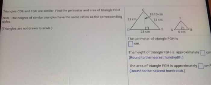 Solved Triangles CDE and FGH are similar. Find the perimeter | Chegg.com Solved Triangles CDE and FGH are similar. Find the perimeter | Chegg.com