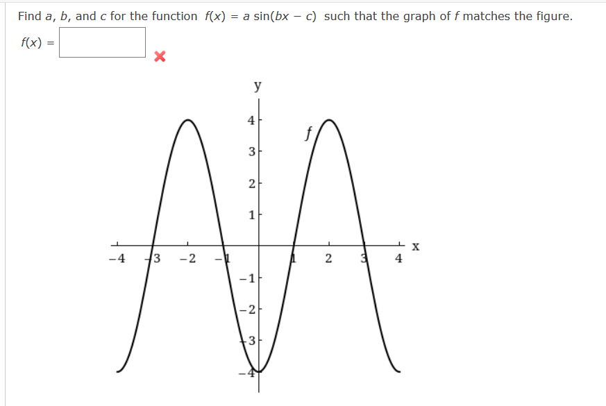 Solved Find a,b, and c for the function f(x)=asin(bx−c) such | Chegg.com