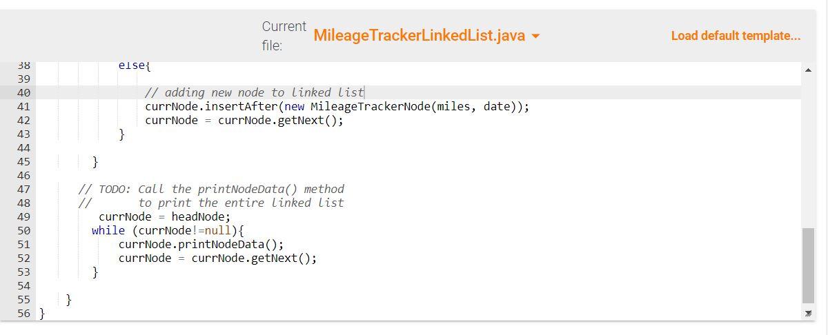 Solved Given the MileageTrackerNode class, complete main() | Chegg.com