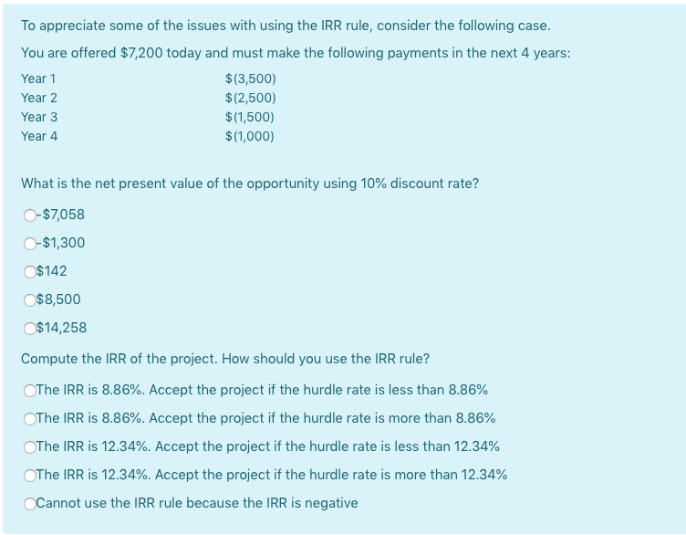 Solved To appreciate some of the issues with using the IRR | Chegg.com