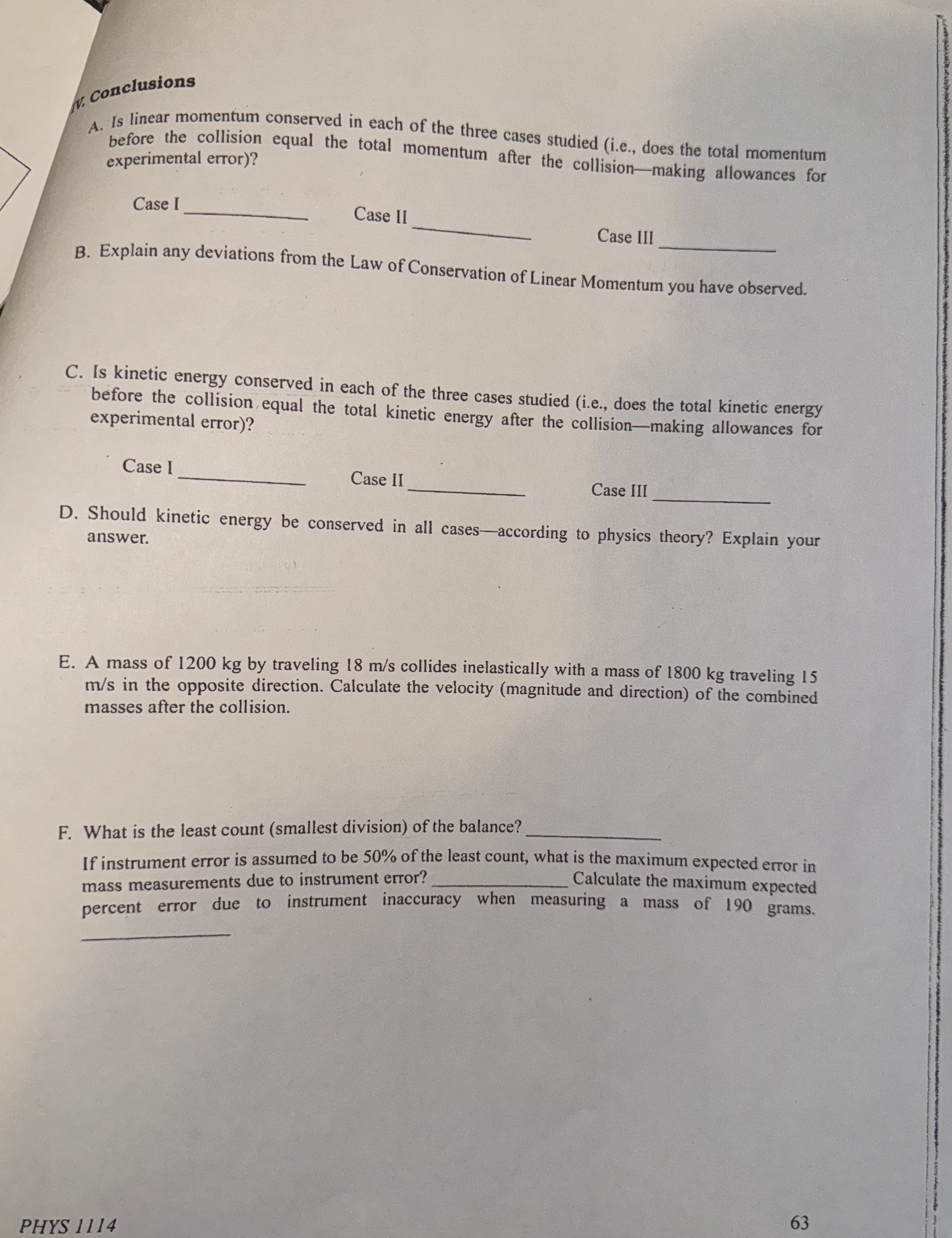 Solved (o. ﻿conclusionsA. ﻿Is linear momentum conserved in | Chegg.com