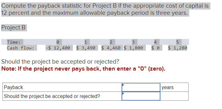 Solved Compute the payback statistic for Project B if the | Chegg.com