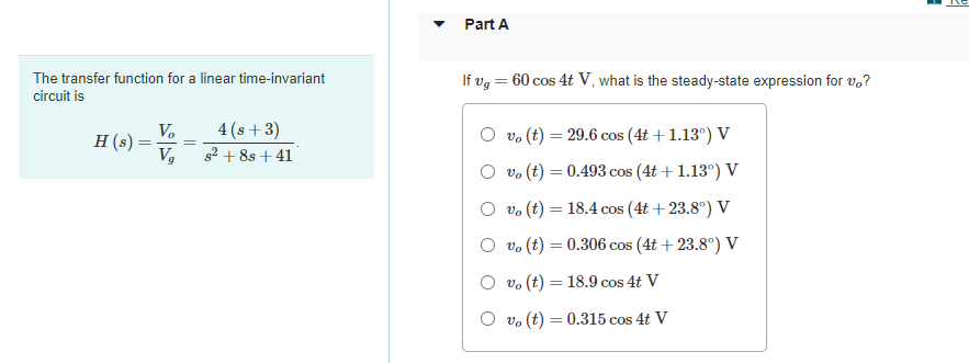 Solved NG Part A The transfer function for a linear | Chegg.com