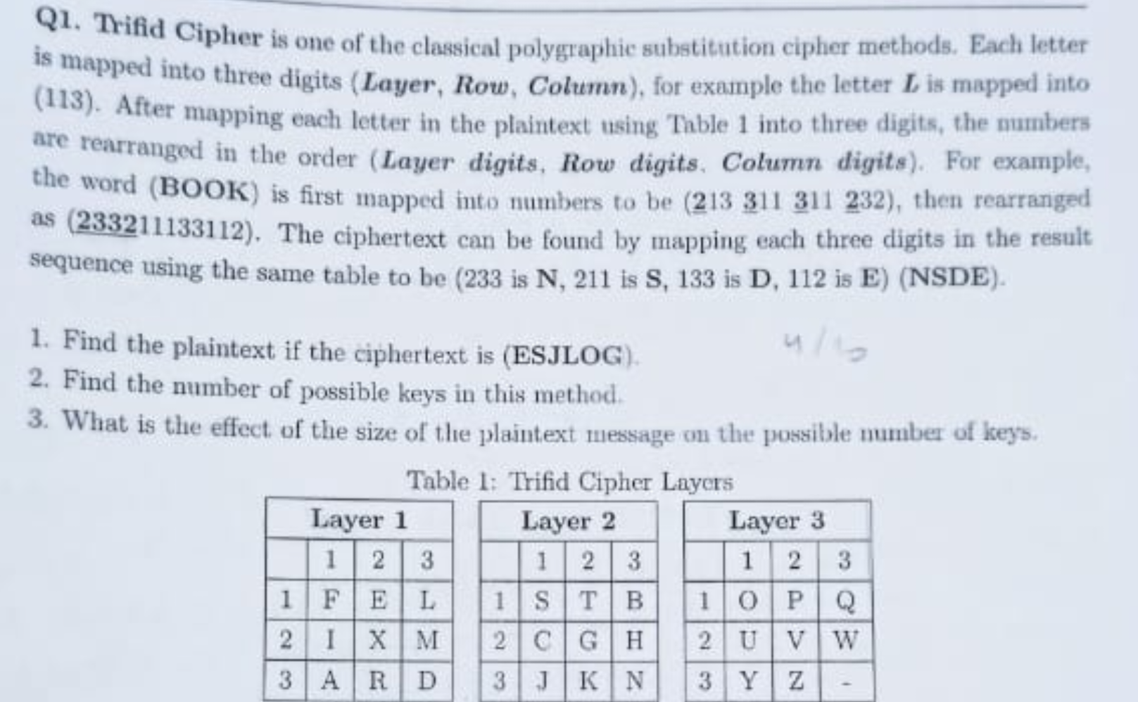Q1. ﻿Trifid Cipher is one of the classical | Chegg.com