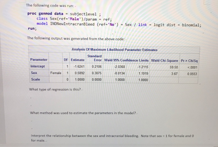 Solved The following code was run: proc genmod data | Chegg.com