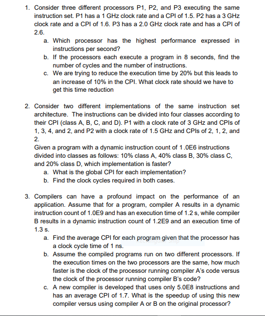 Solved 1. Consider three different processors P1, P2, and P3 | Chegg.com
