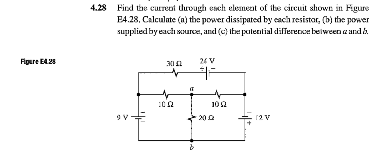 Solved 4.28 Find the current through each element of the | Chegg.com