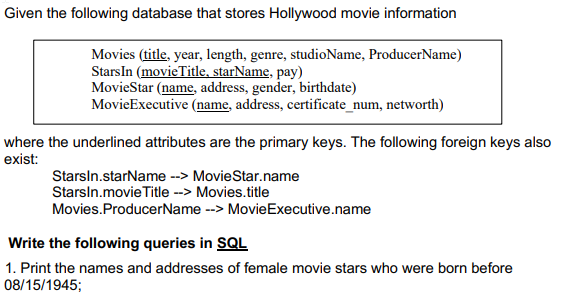 Solved Given the following database that stores Hollywood | Chegg.com