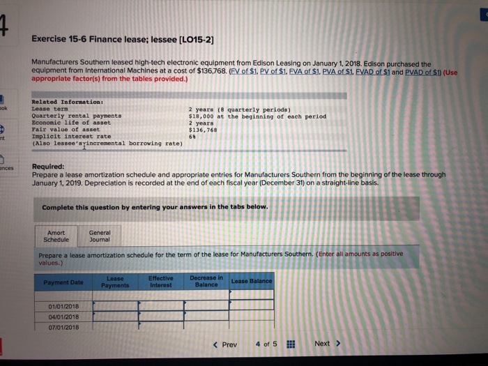 Solved Exercise 15-6 Finance lease; lessee [LO15-2) | Chegg.com