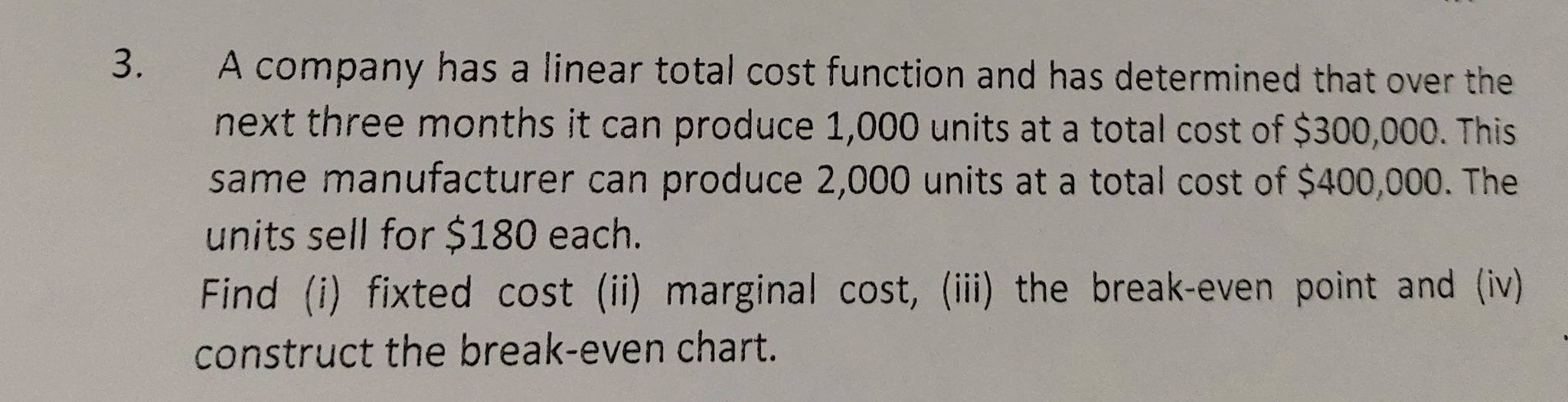 Solved A company has a linear total cost function and has | Chegg.com