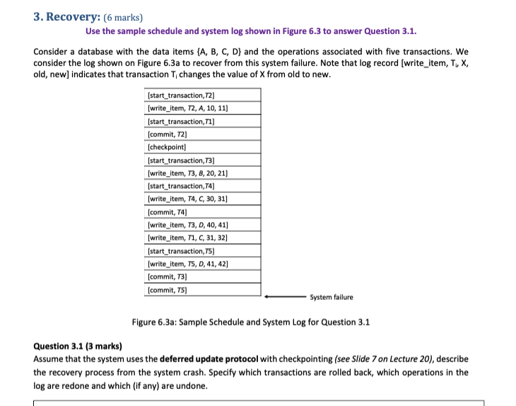 Solved 3. Recovery: (6 marks) Use the sample schedule and | Chegg.com