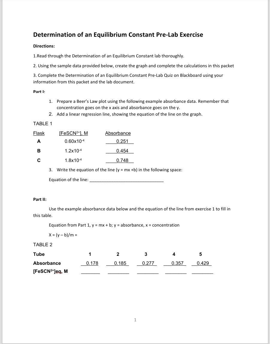 Determination of an Equilibrium Constant Pre-Lab | Chegg.com