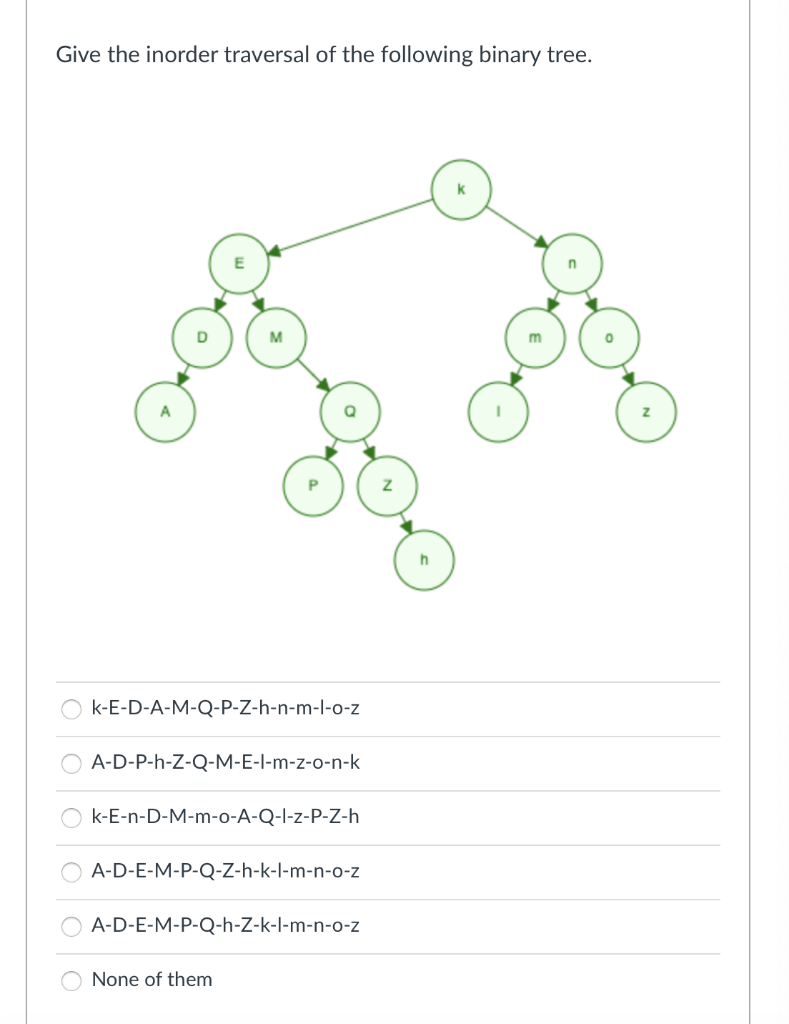 Solved Give the inorder traversal of the following binary | Chegg.com