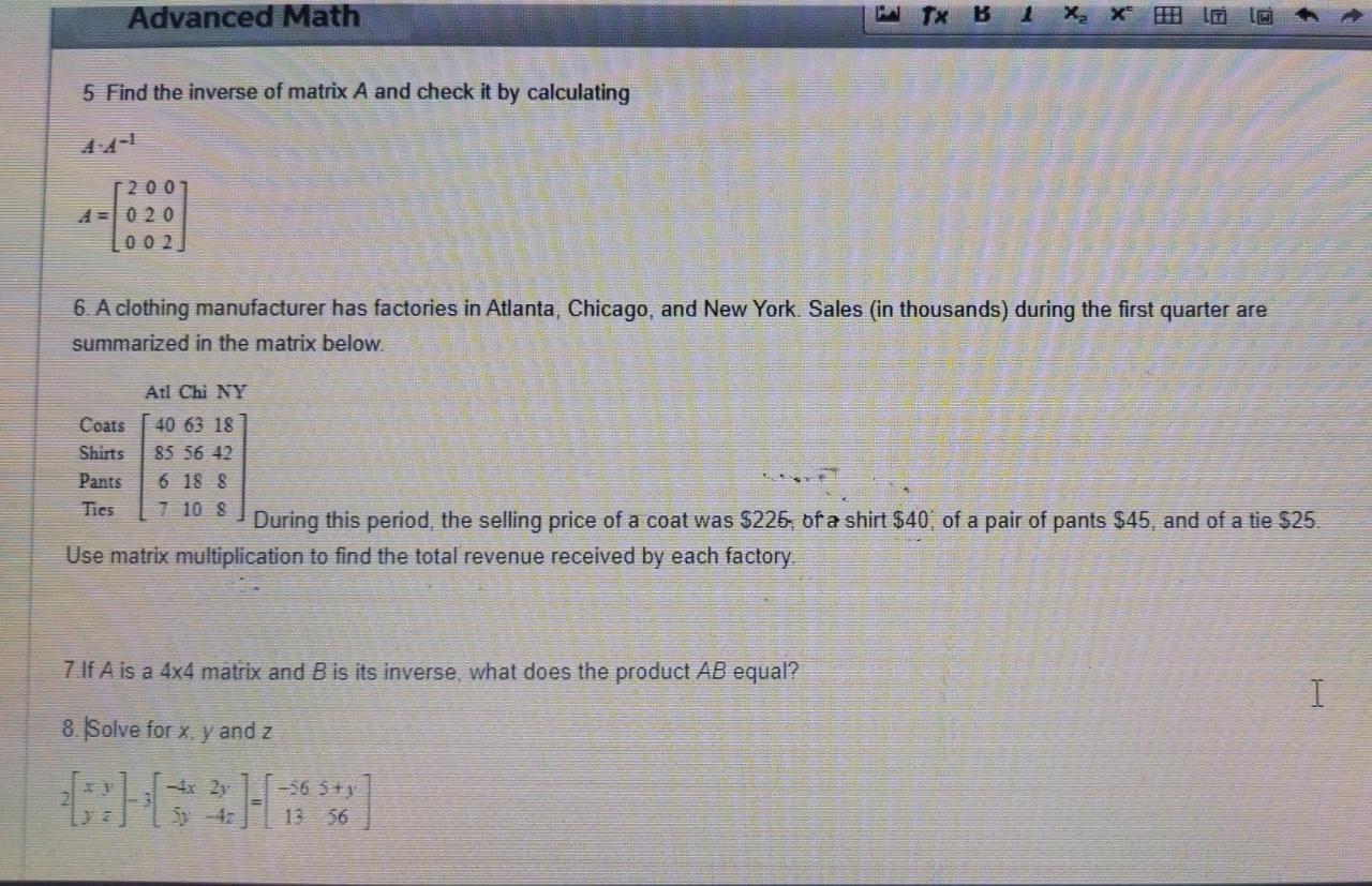 Solved Advanced Math Tx B1 XXlT 5 Find the inverse of matrix | Chegg.com